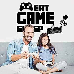 Eat Sleep Game Wall Decal, Video Gamer Boy Wall Sticker, Vinyl Game Décor Wall Stickers Art Design Stickers Wall for Home Playroom Bedroom Game Boys Room(28" L x 18" H)