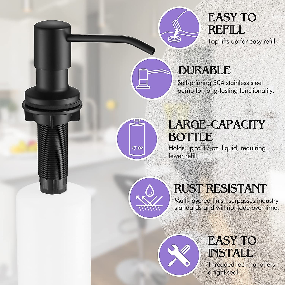 Hoanmpy Kitchen Sink Soap Dispenser,Built in,Stainless Steel(Black Matte), in Counter Soap Dispenser,Pump Set for Dish Soap or Lotion, 17 OZ，in Sink Soap Dispenser