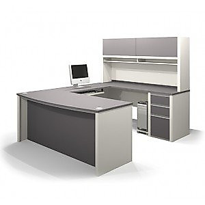 Bestar Connexion U-Shaped Executive Desk with Lateral File Cabinet and Hutch, 72W, Slate/Sandstone