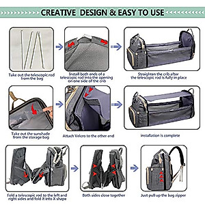 Lamroro Diaper Bag Backpack Foldable Baby Bed, Diaper Changing Station with USB Charging Port, Waterproof Multi-Functional Girl Boy Mom Travel Baby Diaper Bag, Large Capacity, Pink, 16.5x9x13 Inch