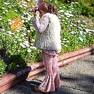 GOOCHEER Kids Toddler Little Baby Girl Fall Winter Velvet Bell Bottom Flare Pants Ruffle Leggings Trousers (Velvet-Pink, 6-12Months)