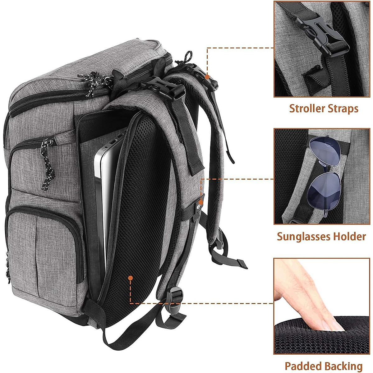 Mancro Diaper Bag Backpack, Multifunctional Travel Dad Diaper Bag with Insulated Pockets, Large Capacity Baby Diaper Backpack for Men and Women with Laptop Pocket and Stroller Straps, Grey