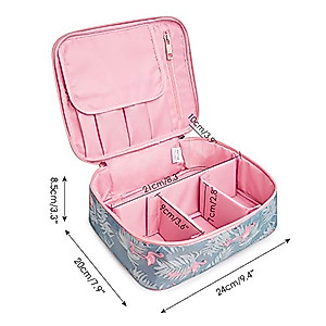 Narwey Travel Makeup Bag with Brush Compartments，Portable Cosmetic Bag，Make up Bag Makeup Organizer Case with Brush Storage for Women (Flamingo)