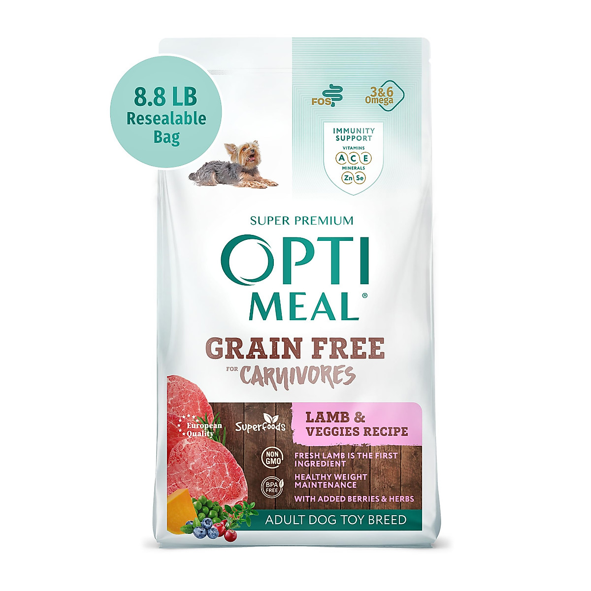 OPtimeal Grain-Free Dog Food - Proudly Ukrainian - Non-Grain Dog Food Dry Recipe, Dry Dog Food to Support Healthy Weight Maintenance - Toy Breeds (8.8 lbs, Lamb & Veggies)