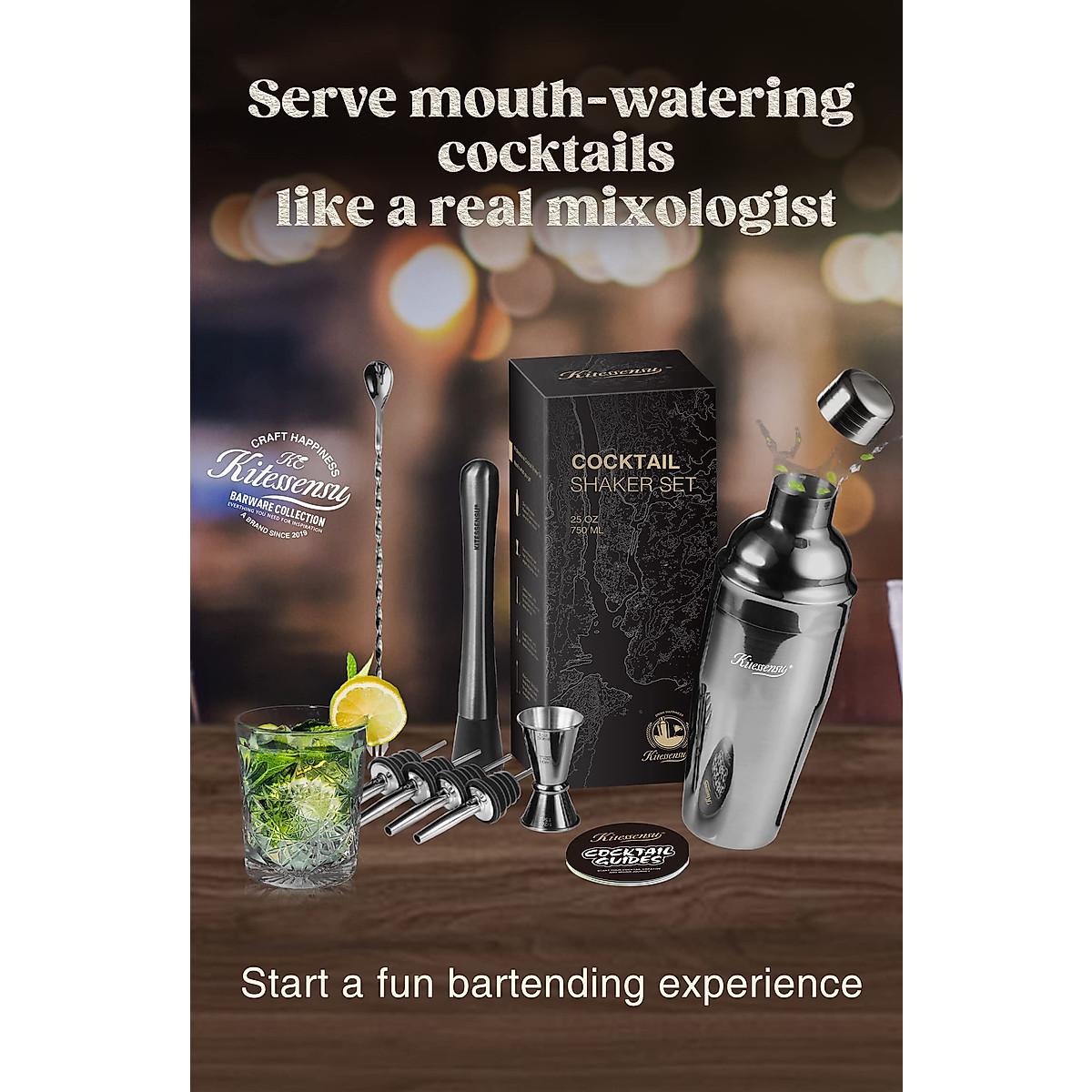 KITESSENSU Black Cocktail Shaker Set Drink Mixer | 10-Piece Bartender Kit: 24 Ounce Margarita Shaker, Double Jigger, Muddler, 4 Liquor Pourers, Alcohol Mixer Spoon, Velvet Bag, Recipes Booklet