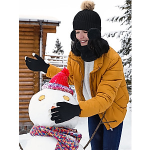 Eurzom 5 Pcs Women Warm Hat and Gloves Scarf Set Knitted Beanie Ski Outing Pompom Hat Winter Ear Warmer Ski Earmuffs Stocking (Black)