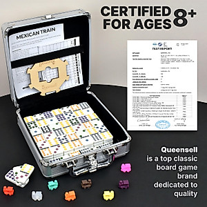 Queensell Mexican Train Dominoes Set with Wooden Hub, Domino Tile Board Games - Double 12 Dominos Set for Family Game Night for Adults and Kids Ages 8 and up (Double 12)