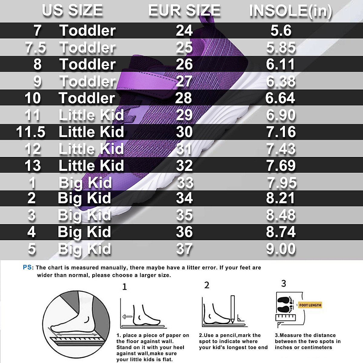 Raoendis Kids Shoes Girls Sneakers Sports Running Shoes Slip on Athletic Shoes Purple Big Kid Size 1