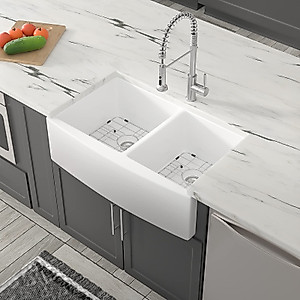 33 Farmhouse Sink Double Bowl, Dcolora 33 Inch Farm Kitchen Sink Apron Front Double Bowl 60/40 White Fireclay Ceramic Farm Kitchen Sink Basin (33"x21"x10")