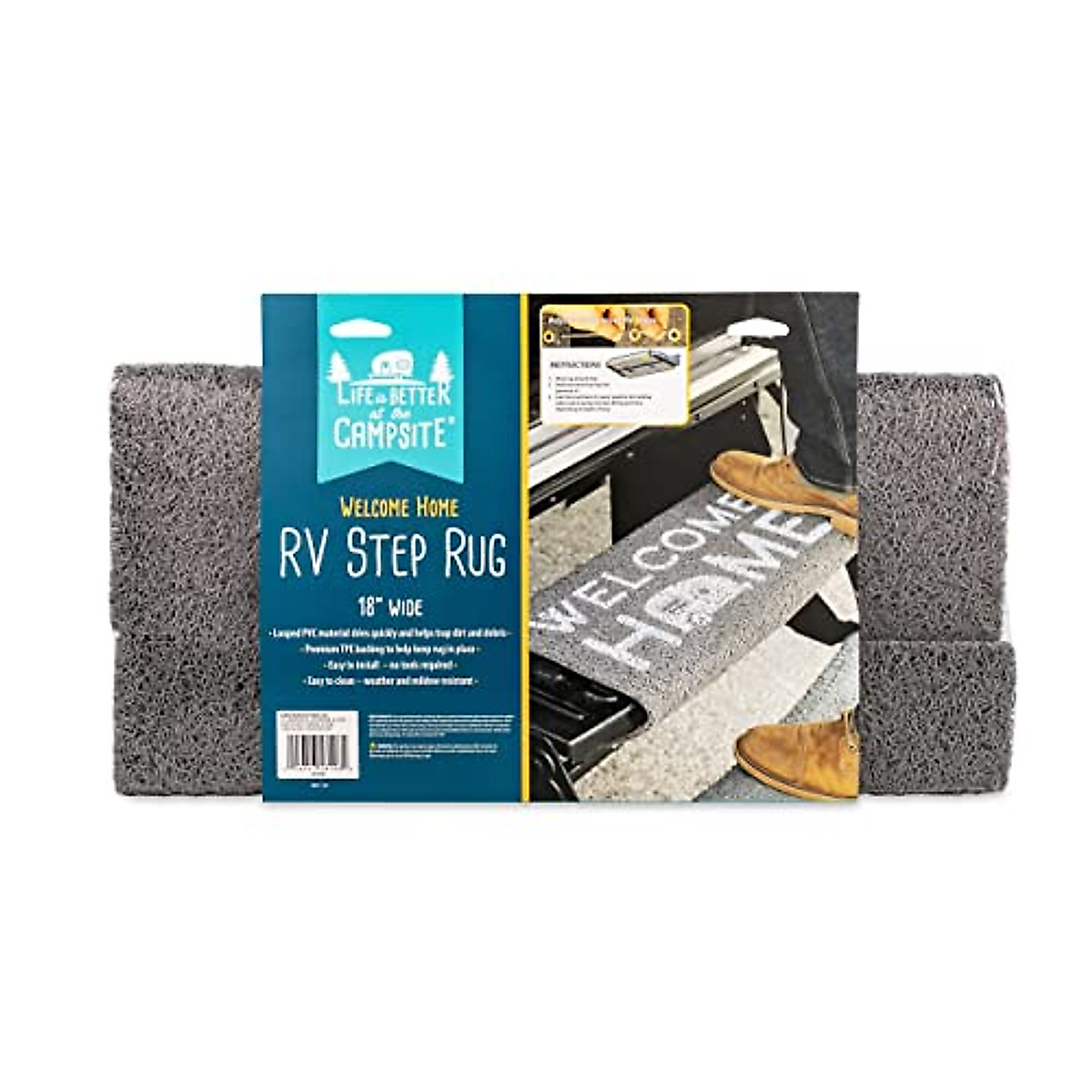 Camco 53196 Life is Better at The Campsite RV Wrap Around Step Rug, Fits 18-inch Wide Steps - for Manual and Electric RV Steps - Features a Gray Mat with a White Welcome Home Retro RV Print