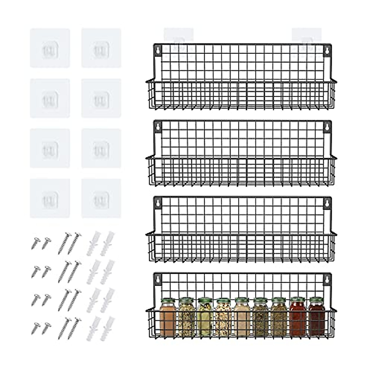 meluke Wall Mounted Spice Rack Organizer for Cabinet Door, 4 Tier Metal Hanging Seasoning Jar Storage Rack Condiment Bottle Organizer Holder Rack for Kitchen, Cabinet, Cupboard, Pantry Door (Black)