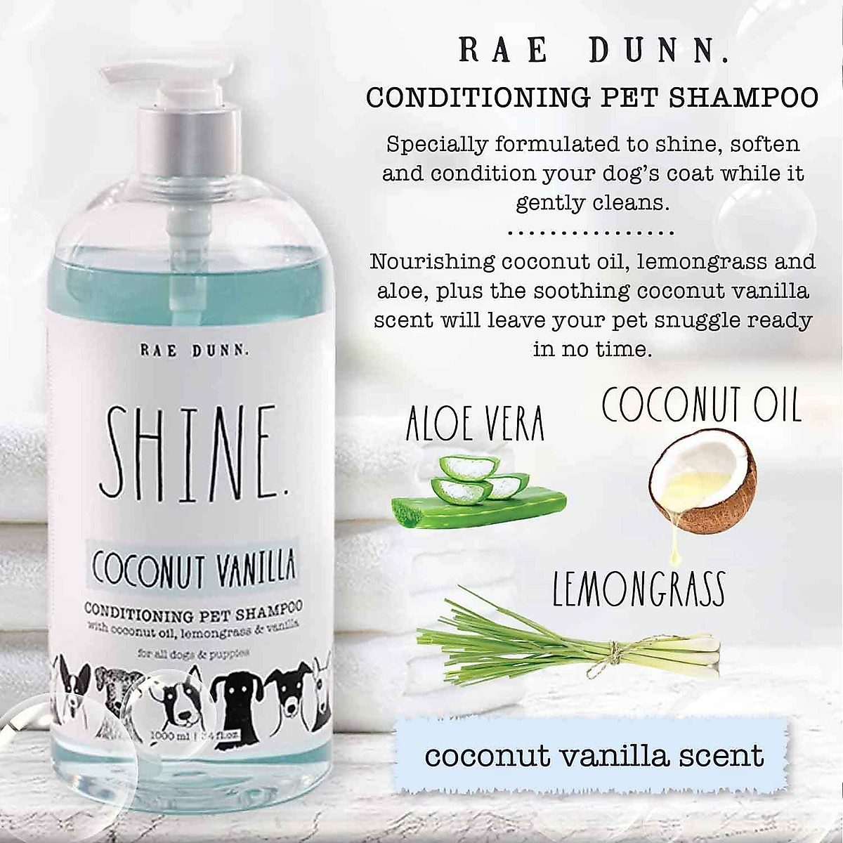 Rae Dunn Conditioning Pet Shampoo with Coconut Oil, Lemongrass and Vanilla, Coconut Mint, 1000 ml