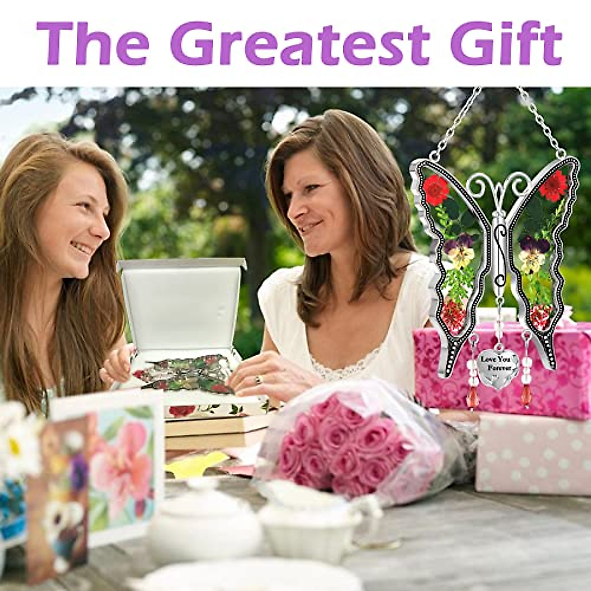 KY&BOSAM Suncatchers Love You Forever Butterfly Mom Gifts, Gift for Mom from Daughter Son, Suncatcher Gifts for Women Ornament for Windows Wind Chime with Pressed Flower Butterfly Embedded in Glass