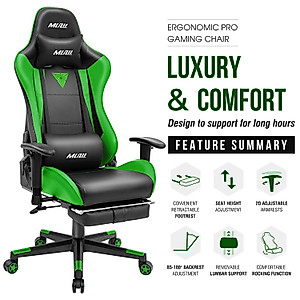 MUZII Gaming Chair with Footrest, High-Back PU Leather Office Chair with Headrest and Adjustable Lumbar Support,Ergonomic Computer Swivel Chair for Teens and Adults-Green（001）