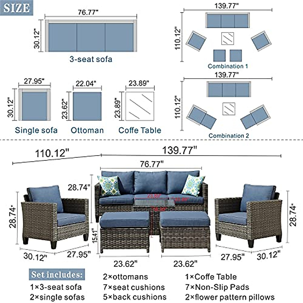 ovios Patio Furniture Sets 6 PCS High Back Outdoor Wicker Rattan Sofa Sectional Set with Coffee Table Garden Backyard Porch (Denim Blue-Grey)