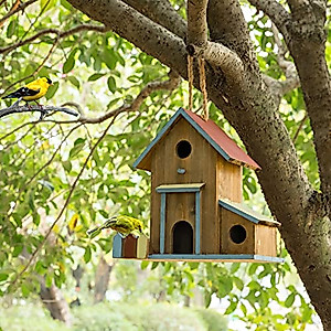 2in1Bird House&Bird Feeder,Bird Houses for Outside,3 Hole Bird House for Outside/Indoors/Hanging,Wooden Birdhouses,Handmade Natural Bird House for Garden/Courtyard/Backyard Decor,Large Bird Houses.