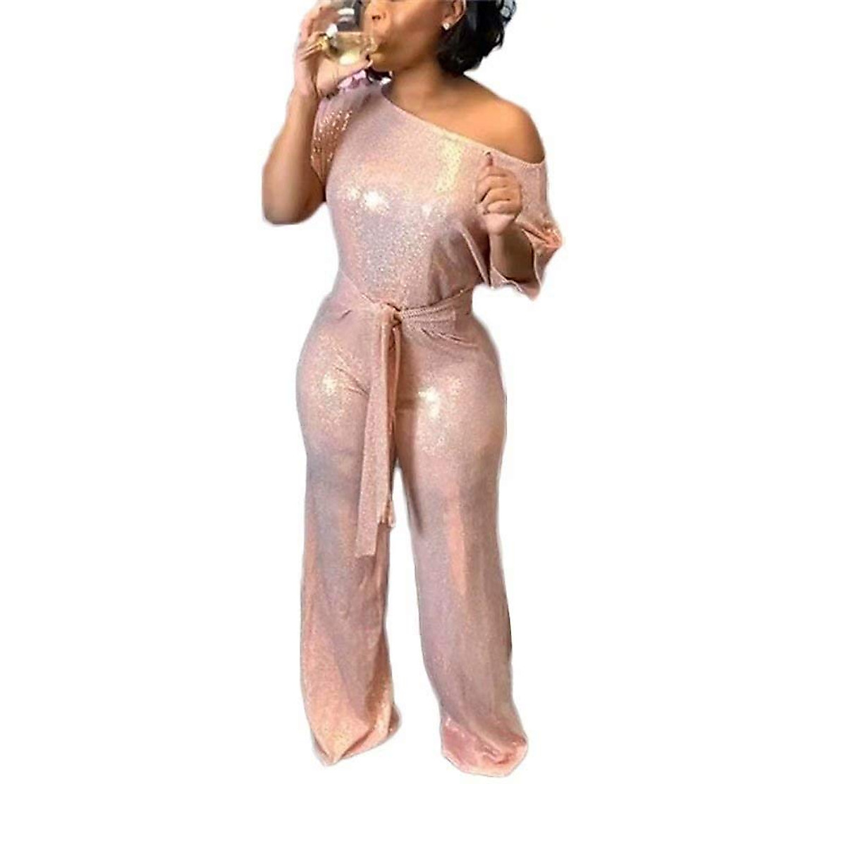 LKOUS Women's Evening Sparkly Jumpsuits Off Shoulder Short Sleeve Party Sequins Rompers High Waisted Wide Leg Pants Suit