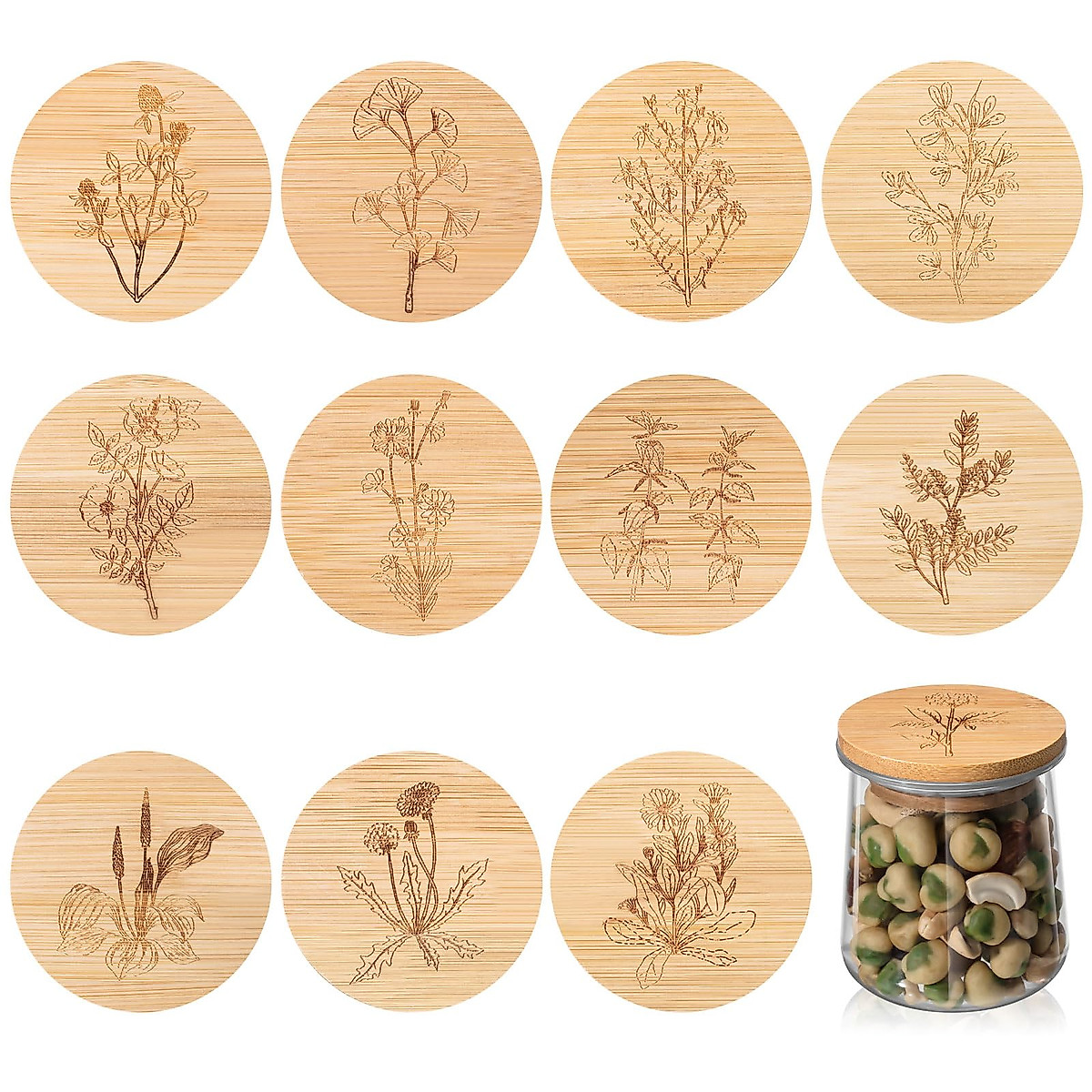 12 Pieces Yogurt Jar Lids Inspirational Yogurt Bamboo Jar Lids Set Flower and Herb Wooden Lids with Silicone Sealing Compatible with Oui Yogurt Jars, Brave Happy Kind Plant (Flower and Herb)