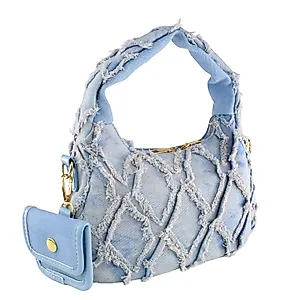 OUUKP Women's Retro Denim Shoulder Bag Quilted Evening Bag,Casual Style Fashion clutch purses with Mini small packet,Handbags with Necklace and Earrings for Party Prom Travel Present,blue