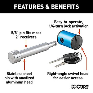 CURT 23502 Right-Angle Stainless Steel Trailer Hitch Lock, 5/8-Inch Pin Diameter, Fits 2-Inch Receiver