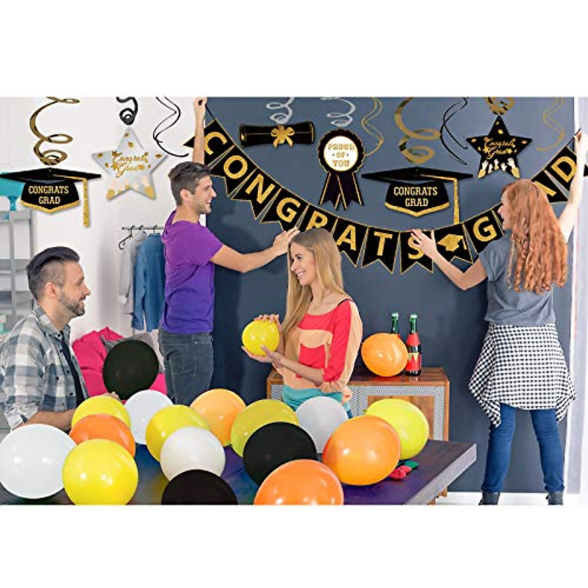 Graduation Hanging Swirl Banner Decorations, Black Gold Silver Star Banner Garland party Supplies for Class of 2023