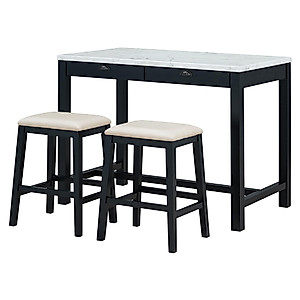 Bellemave 3-Piece Modern Console Table Set with Bar Table, 2 Stools, Storage Drawers, Faux Marble Top for Kitchen, Dining Room (Black)