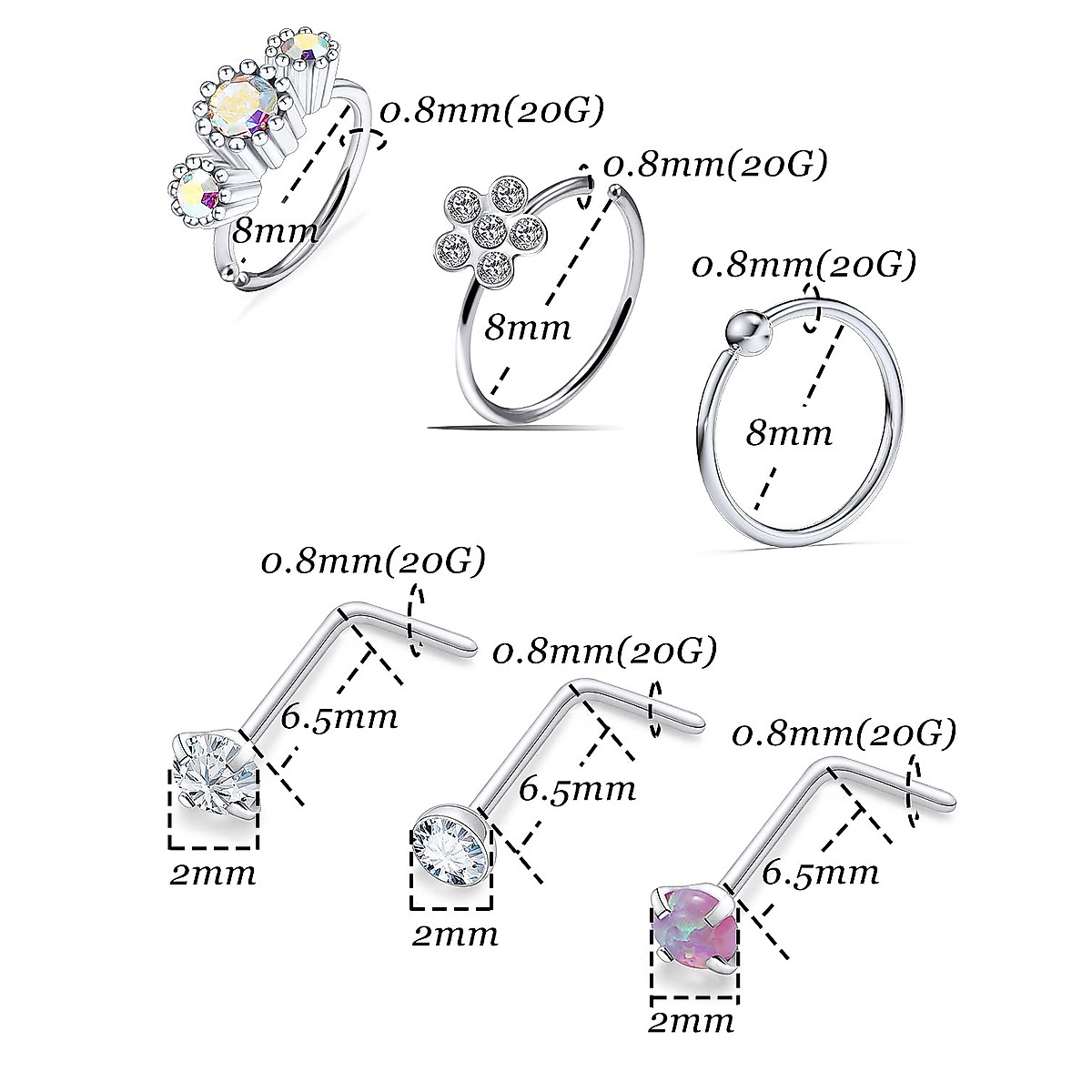 Vsnnsns 20G Nose Rings for Women Surgical Steel Nose Rings Hoops L Shaped Nose Studs Nose Hoop Rings 2mm Diamond CZ Nose Ring Nose Piercing Jewelry Silver 26Pcs
