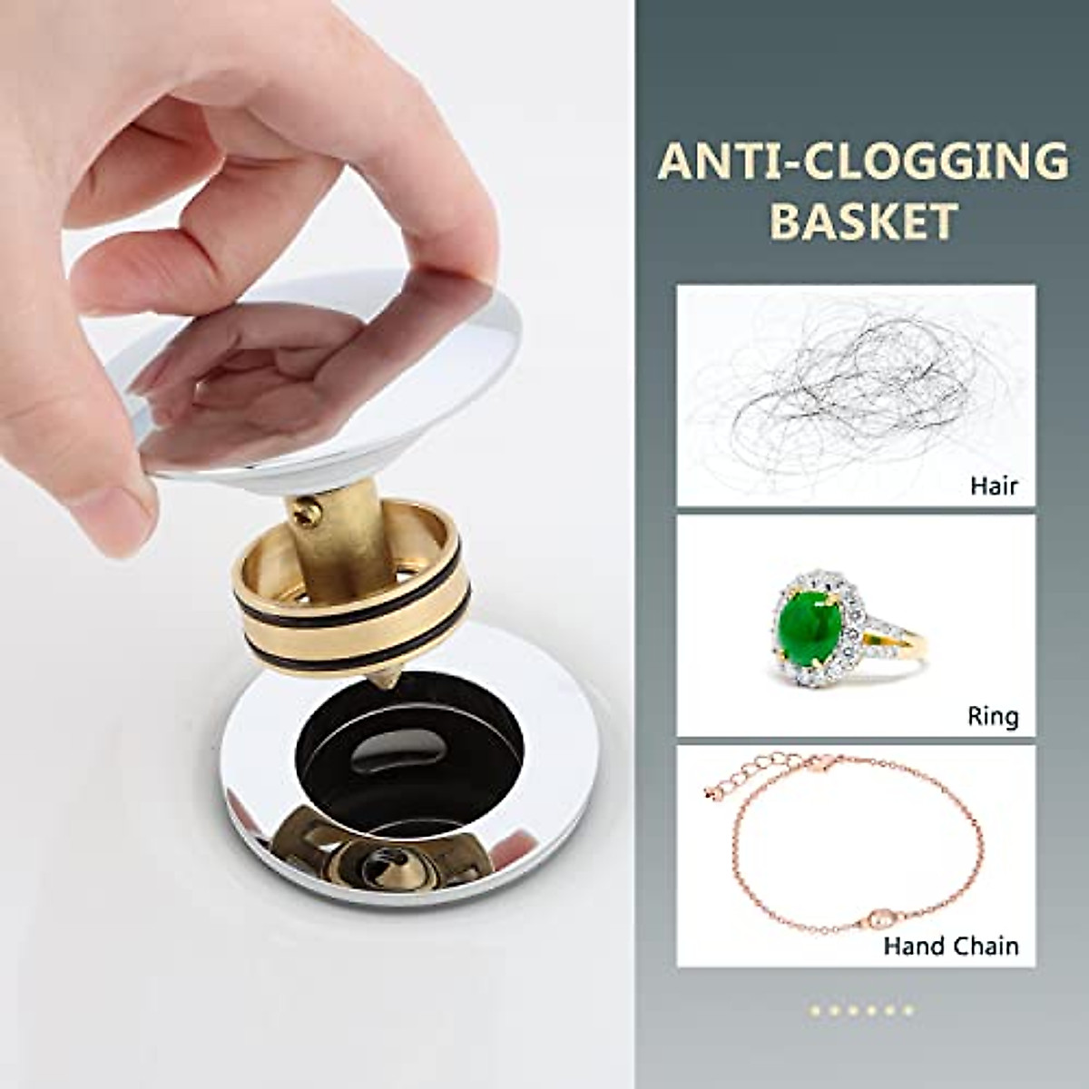 Herogo Bathroom Sink Drain with Overflow, Stainless Steel Chrome Pop Up Drain Stopper with Detachable Built-In Anti-Clogging Strainer for Lavatory Vessel Vanity Sink Drain, Fits Standard Drain Hole