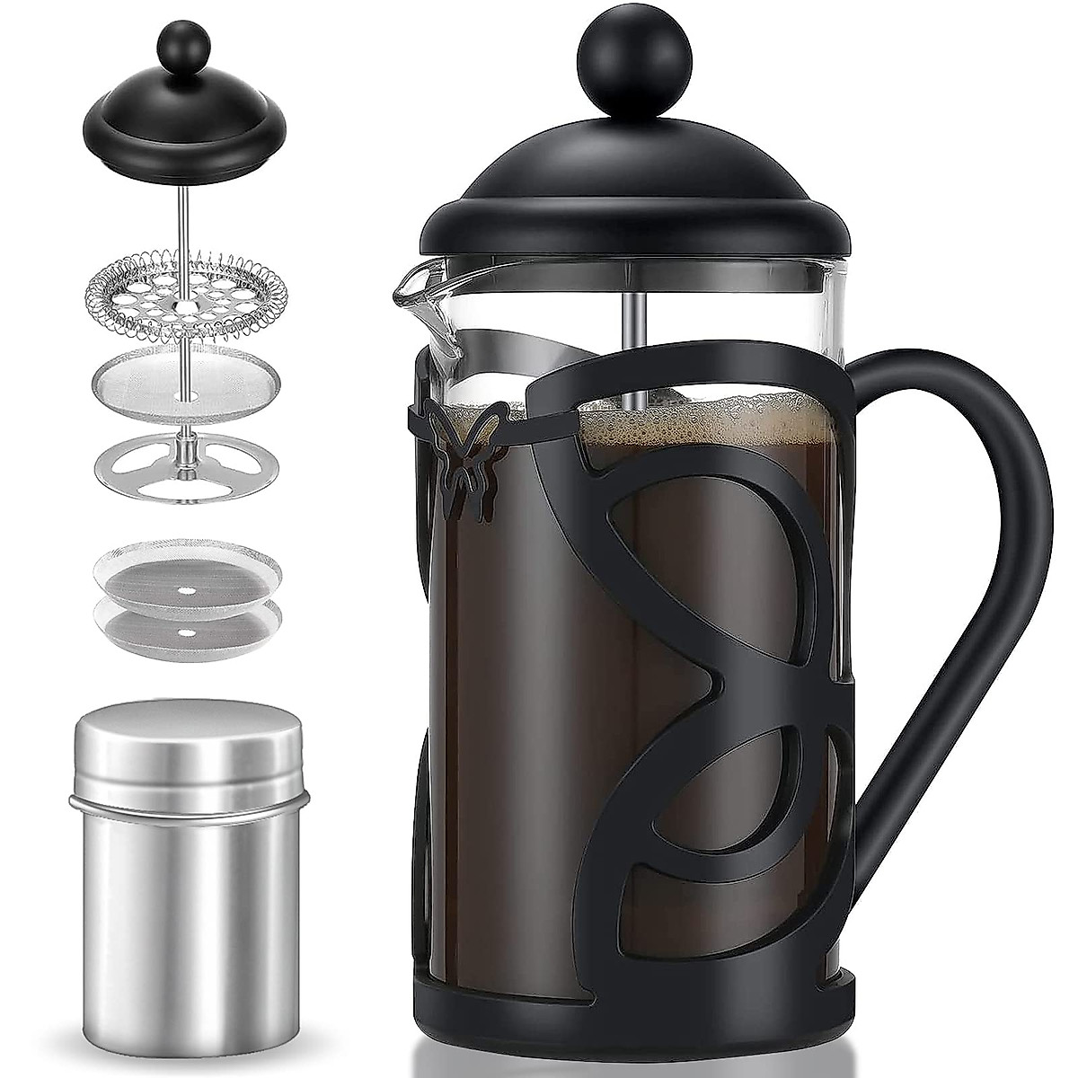 WORBIC French Press Coffee Maker, 3 Level Filtration System, Coffee Press with Heat Resistant Borosilicate Glass, 12oz Coffee French Press with Coffee Scoop w/Clip & 2 Extra Filters (Black)