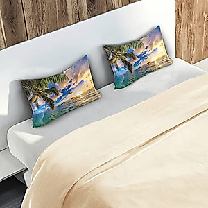 Tropical Beach Sea Sunrise Palm Tree Satin Pillowcase Silk Pillow Case for Hair and Skin Pillow Covers with Envelope Closure,Standard Size 20x26 Inch