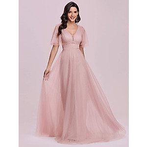 Ever-Pretty Women's Illusion V Neck Short Flare Sleeve Tulle Bridesmaid Dress Pink US4