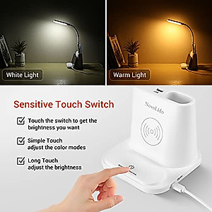 NovoLido LED Desk Lamp with Wireless Charger, Small Desk Light with 10W Quick Adapter, USB Charging Port, Pen Holder, Small Flexible Portable Lamp for Kids, Home, Office, Dorm, Bedside