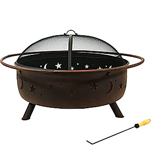 Sunnydaze Cosmic 42-Inch Wood-Burning Steel Fire Pit with Round Spark Screen, Poker, and Built-in Grate - Rust Patina