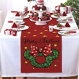 Seliem Merry Christmas Wreath Table Runner, Xmas Red Polka Dot Bow Stars Kitchen Dining Table Decor, Winter Holiday Farmhouse Home Decoration Indoor Outdoor Party Supply 13 x 72 Inches