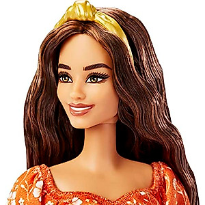Barbie Fashionistas Doll, Long Wavy Brunette Hair, Headband, Orange Floral Print Dress with Ruffle Details & Heels, Toy for Kids 3 to 8 Years Old