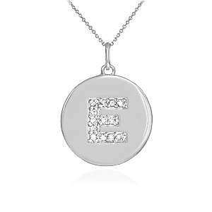 Sideways Crosses 10k White Gold Letter E Diamond Disc Initial Pendant Necklace (22 Inches)