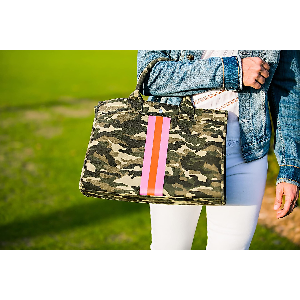 Milly Kate Camouflage Tote Handbag with Stripes, Stylish, Trendy, Preppy, Fashionable, Upscale Bag, Detachable Strap, Inside Pockets, Designer Purse Exclusive to, 10” x 15”
