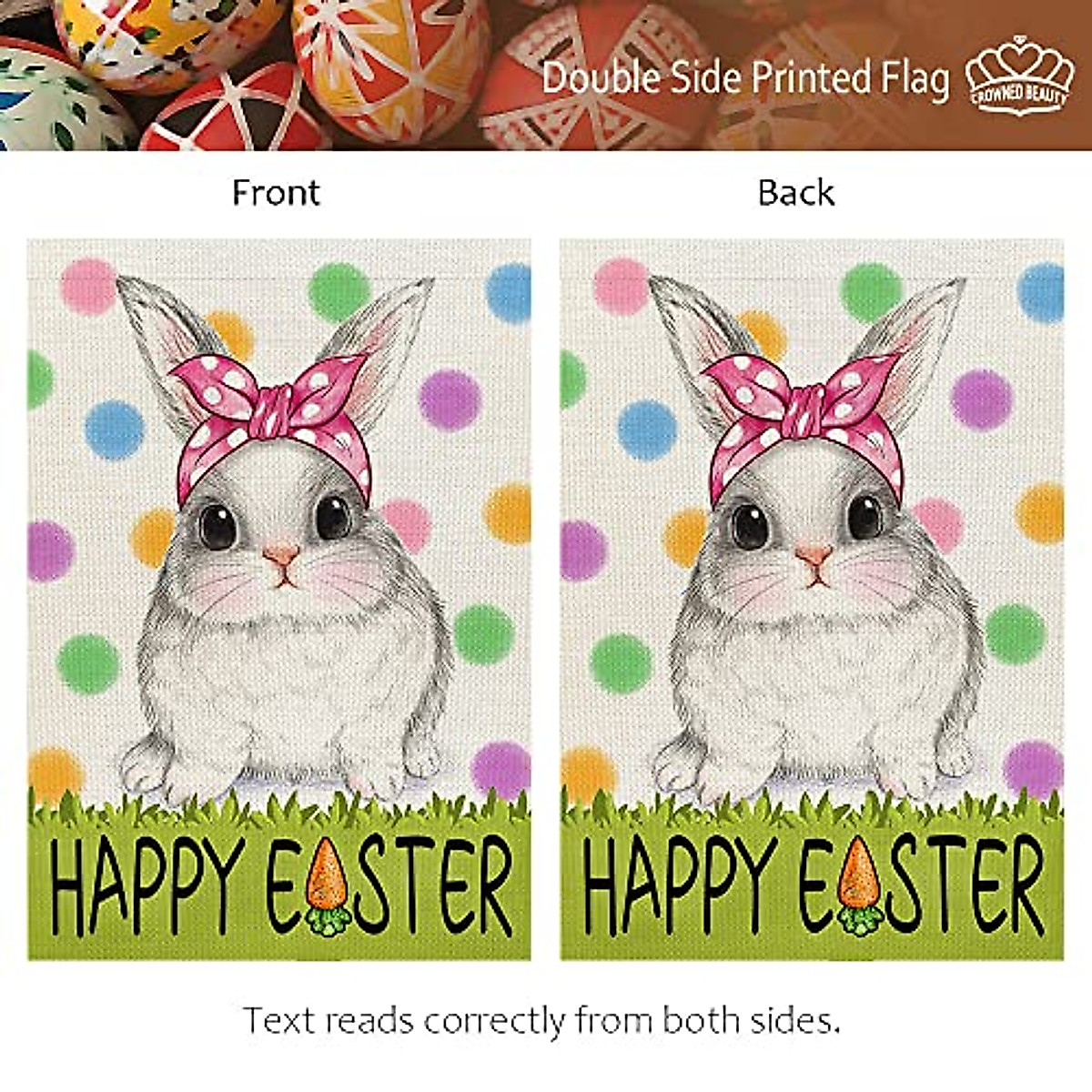 CROWNED BEAUTY Happy Easter Bunny Garden Flag 12x18 Inch Double Sided for Outside Burlap Small Polka Dots Yard Holiday Decoration CF705-12