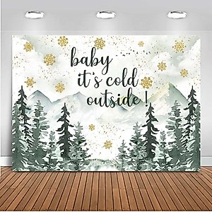Mocsicka Winter Baby Shower Backdrop 7x5ft Baby It's Cold Outside Gender Neutral Photo Backdrops Green Mountain Gold Snowflakes Baby Shower Photography Background
