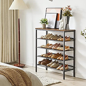 IBUYKE Industrial Shoe Rack, 5-Tier Shoe Organizer with 4 Metal Mesh Shelves, Unit Flat & Slant Adjustable Shoe Storage for 16 Pairs, for Entryway, Hallway, Bedroom, Closet, Rustic Brown, UTMJ083H