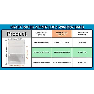 100Pcs White Kraft Paper Window Bags Smell Proof Resealable Food Storage Pouch for Zip Flat Lock Candy Coffee Beans Packaging Bag with Tear Notches 3.5x5.1 inch