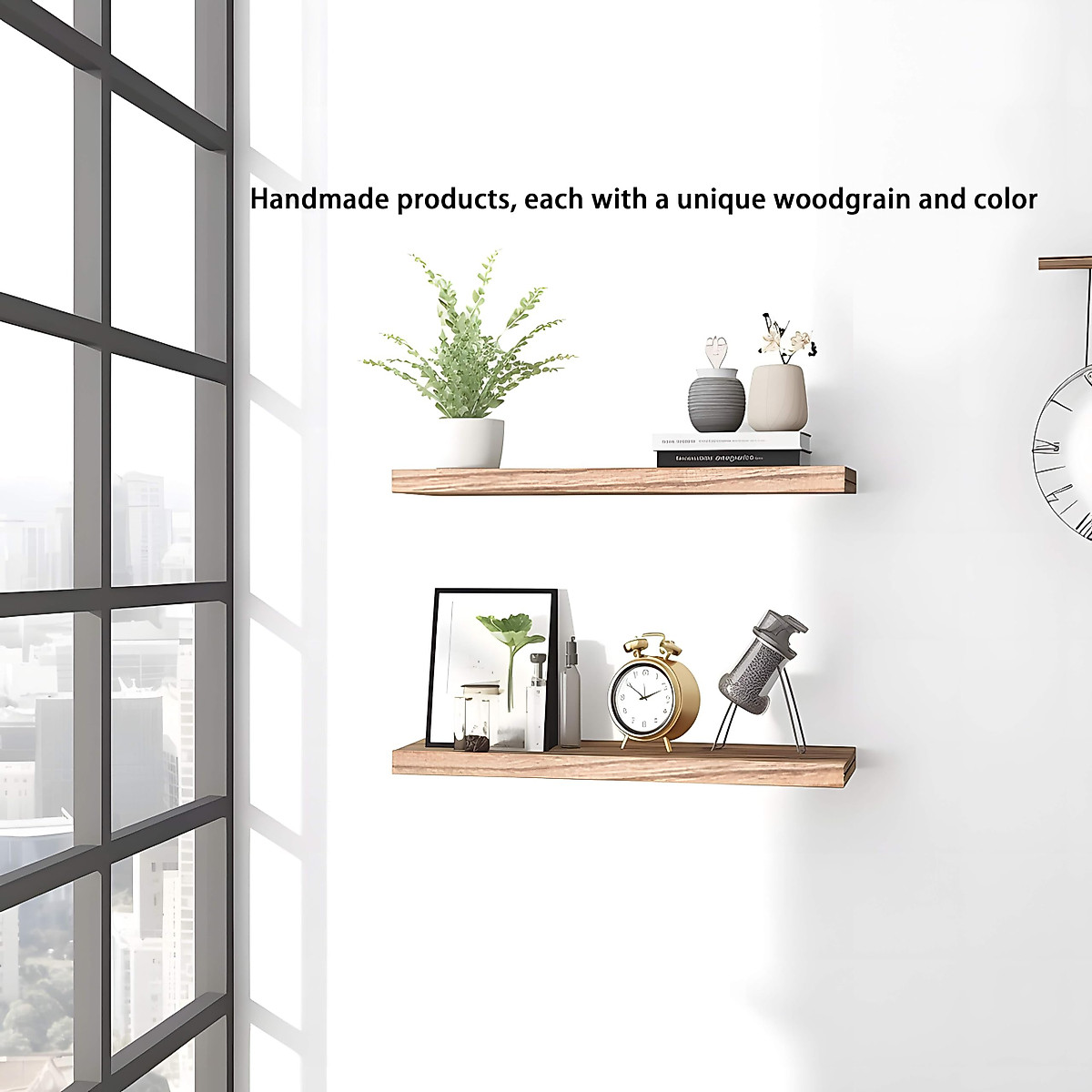 PHPH Wood Floating Shelves for Wall, Wooden Wall Shelves for Bedroom, Set of 6 Light Brown 17 Inch