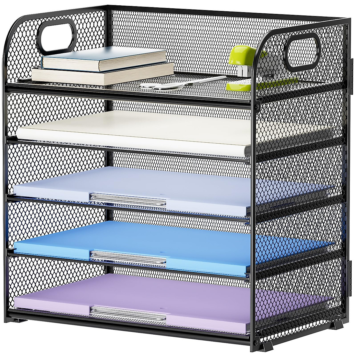 Marbrasse 5 Tier Paper Organizer Letter Tray, Mesh Desk File Organizer with Handle, Paper Sorter Desk Organizer for Home Office Supplies(Black)