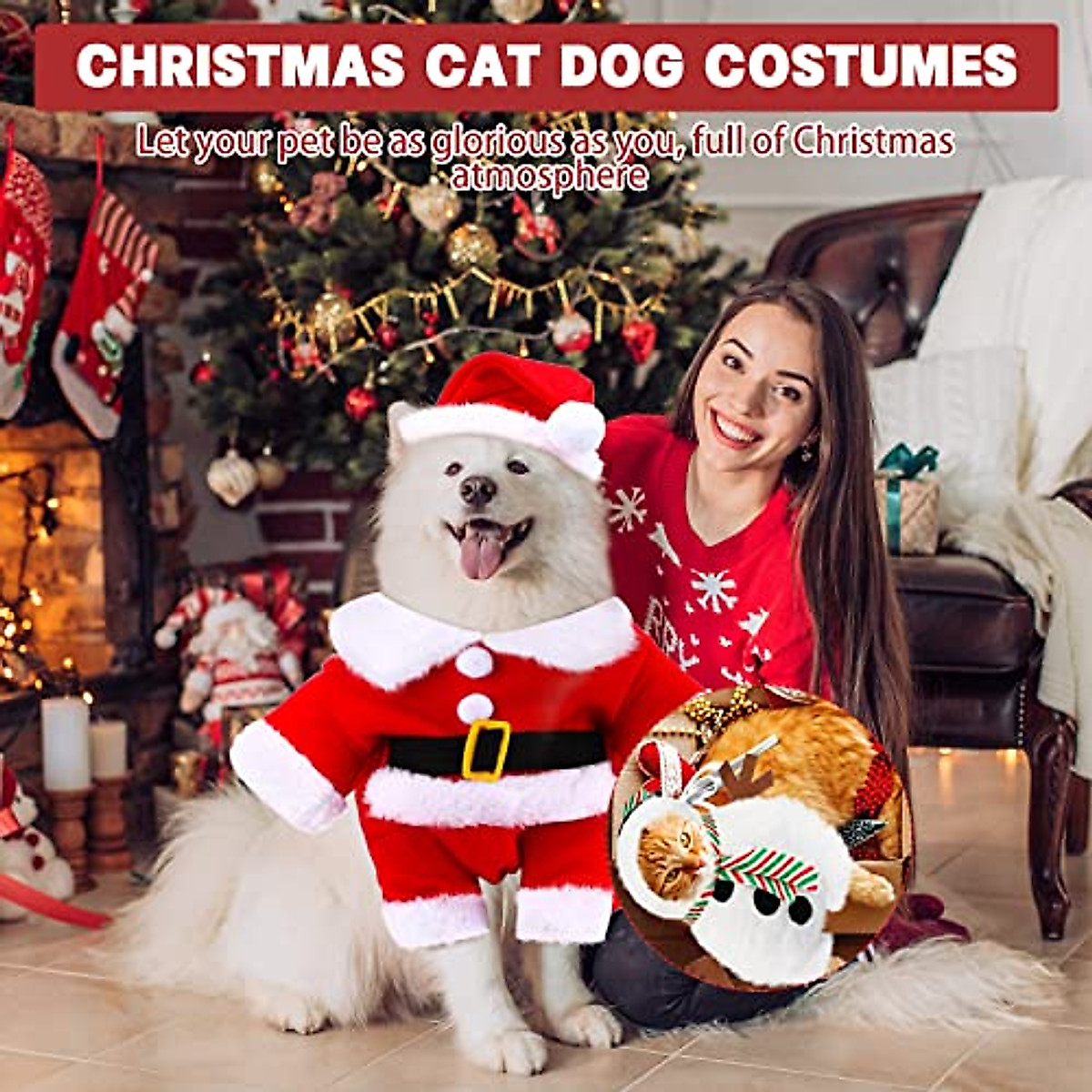 2 Pieces Christmas Dog Clothes Hoodie and Santa Claus Pet Dog Costume Set Winter Puppy Snowman Sweater Outfit Xmas Pet Funny Pajamas (Small)