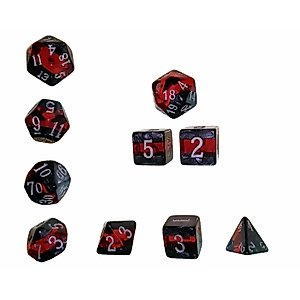 Marbled Black with a Ruby Red Translucent Vein Set of 10 Dice for Role-Playing Games (Includes a d20 Initiative Advantage Die and Two Special d6 Max Damage Dice) RPG
