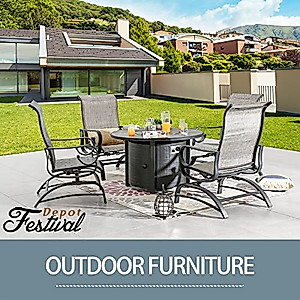 Festival Depot 5Pcs Patio Fire Pit Table Set, Outdoor Furniture Conversation Set, Propane Table and 4 Armchairs with High Textilene Back and Metal Frame for Backyard Porch Lawn Deck Garden (Grey)