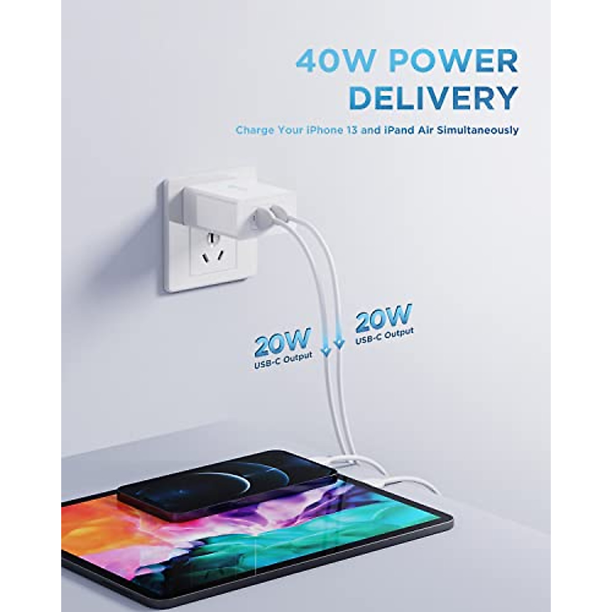 USB C Wall Charger, EHO 40W(20W Max Each) Dual USB C Charger, 20W Fast Charger Power Adapter Compatible with MacBook Air, iPhone 13/12, MagSafe Wireless Charger/MagSafe Duo Charger Galaxy S21, White