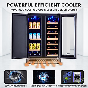 Wine Cooler Beverage Refrigerator, 24” Wine Fridge with Dual-Zone Digital Temperature Control, Glass Front Doors and Interior Lighting Holds 20 Bottles and 88 Cans on Removable Shelves