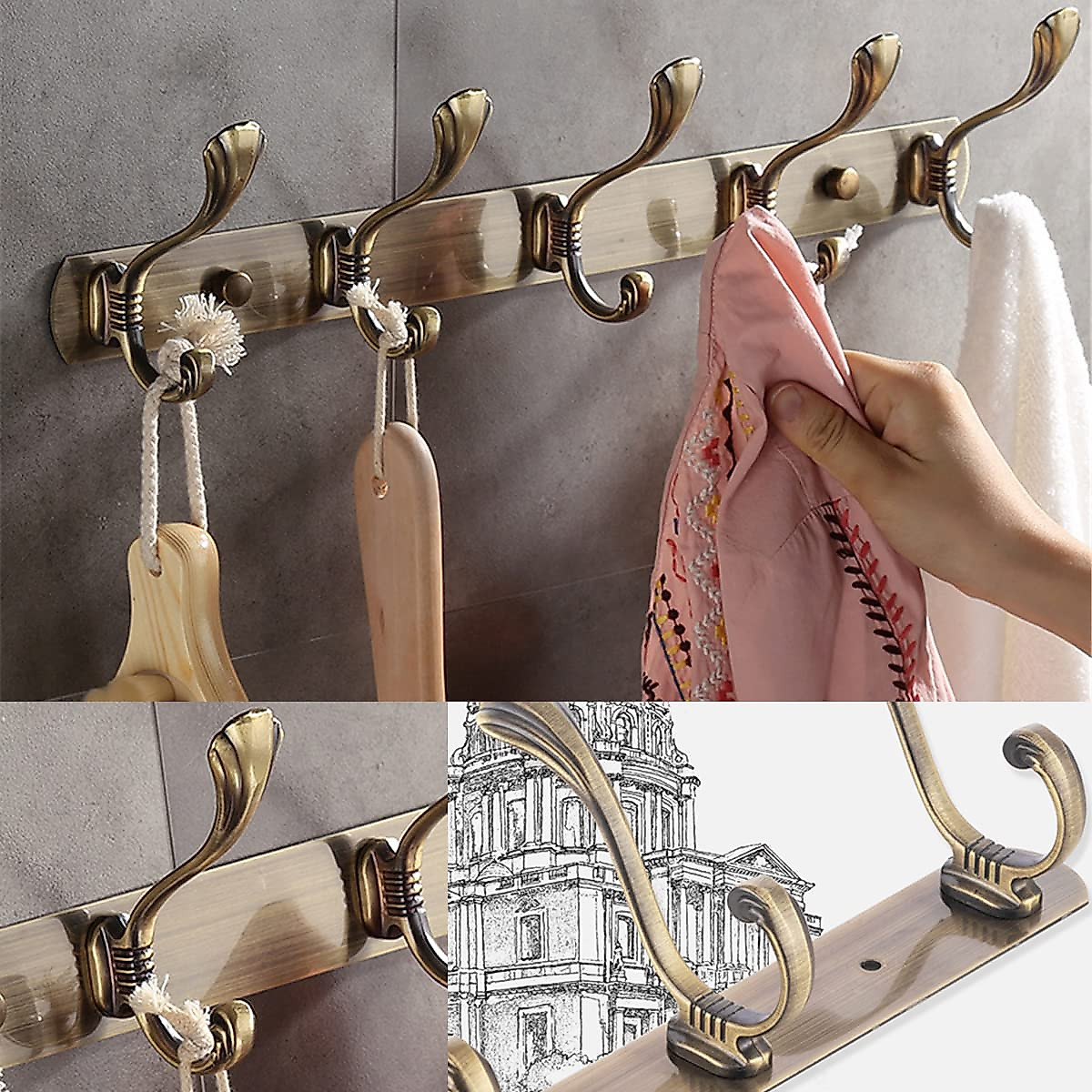 Flybath Coat Rack Wall Mount with 4 Hooks for Hanging Coat Hat Robe Towel Stainless Steel Antique Row Hook Rail, Brushed Bronze