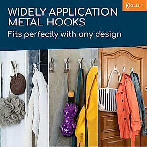 GLUIT Adhesive Towel Hooks for Bathroom Wall Hooks for Hanging Heavy Duty for Door Coat Rack Sticky Hanger Holder Durable Stainless Steel (Silver, 4 Pack)